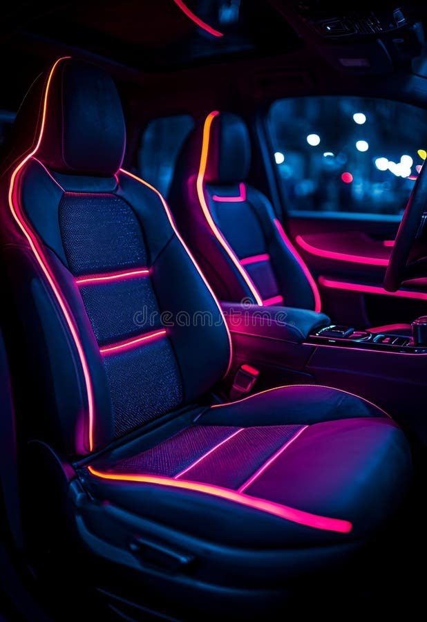 Vibrant Modern Car Interior with Cushioned Seats and Dynamic Lighting ...