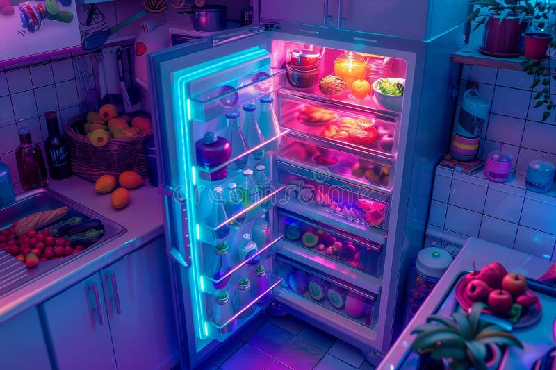 Vibrant Modern Kitchen with Open Refrigerator at Night Stock Photo ...