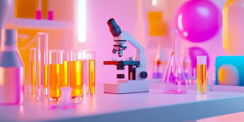 A Vibrant, Modern Lab Scene Featuring a Microscope and Colorful Test ...
