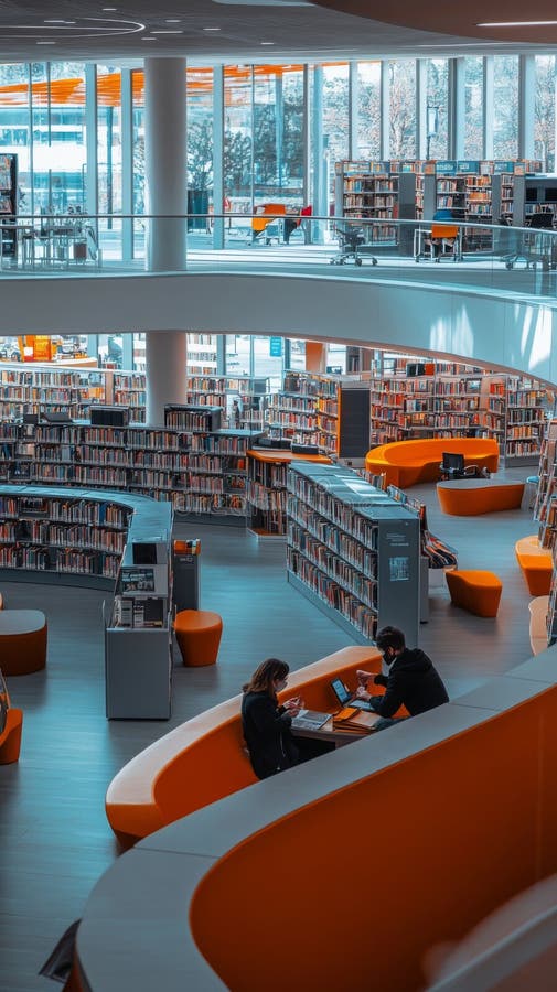 A Vibrant and Modern Library Space Filled with Shelves of Books. Cozy ...
