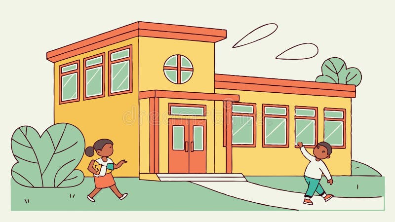 Vibrant Modern School Building with Kids Playing Outside, Active ...