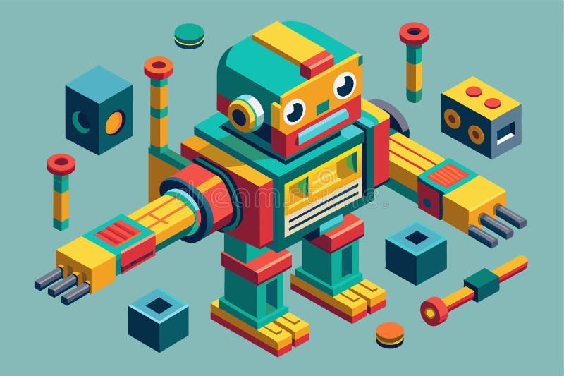 A Vibrant, Modular Robot Stands Surrounded by Colorful Geometric ...