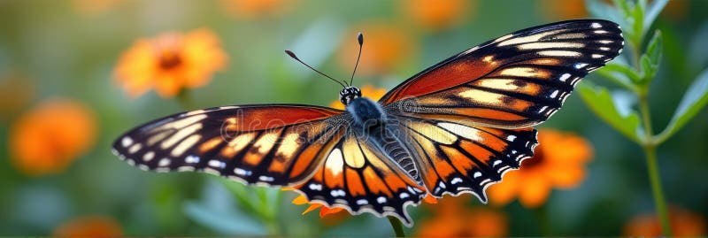 Vibrant Monarch Butterfly in Flight Amidst Orange Blossoms Stock ...