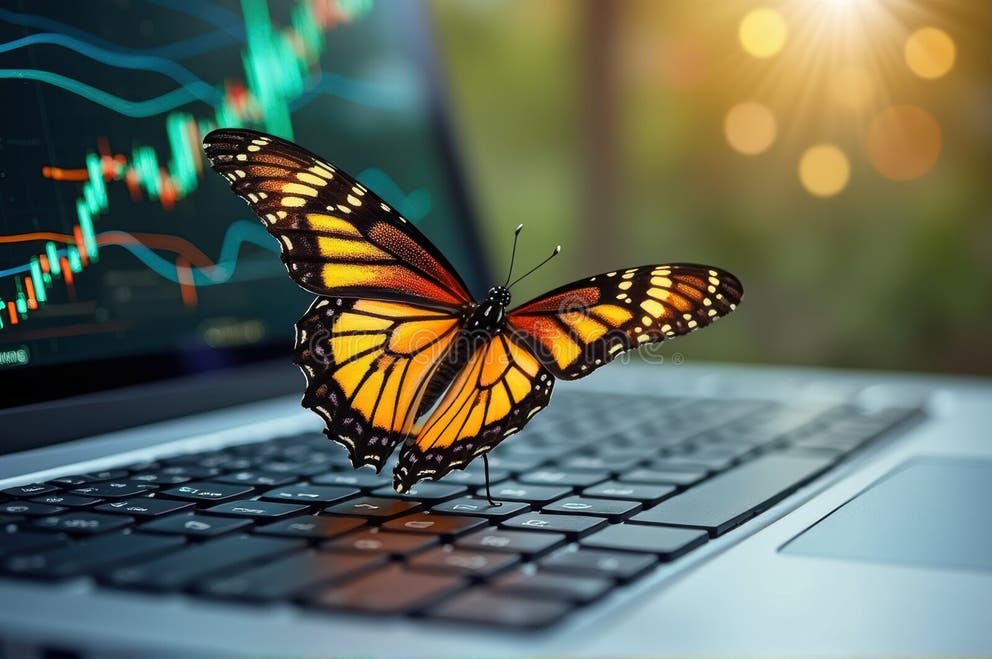 Vibrant Monarch Butterfly on Laptop Keyboard with Financial Data ...