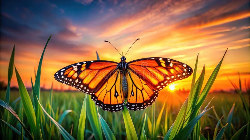 A Vibrant Monarch Butterfly at Sunset Resting on Blades of Grass in a ...