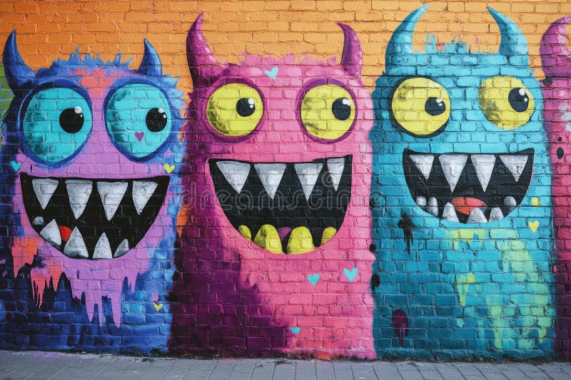 Vibrant Monster Graffiti Art with Big Eyes and Sharp Teeth on a Brick ...