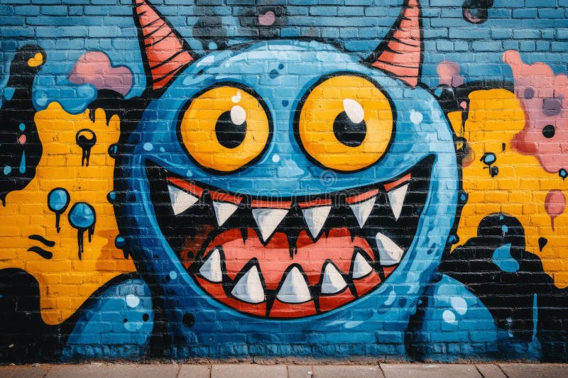 Vibrant Monster Mural with Big Eyes and Sharp Teeth on Urban Brick Wall ...