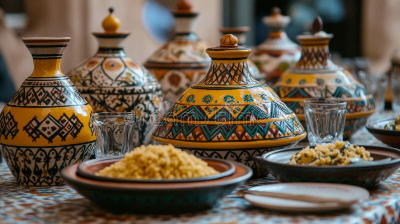 Vibrant Moroccan Pottery and Cuisine Table Setting Stock Illustration ...
