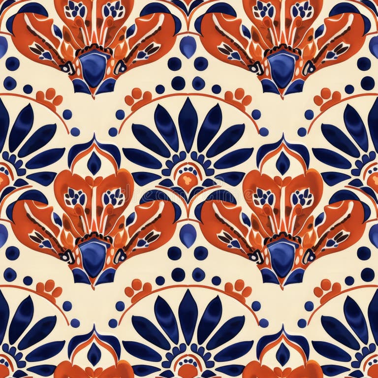 Vibrant Moroccan Tile Pattern with Blue and Orange Floral Designs Stock ...