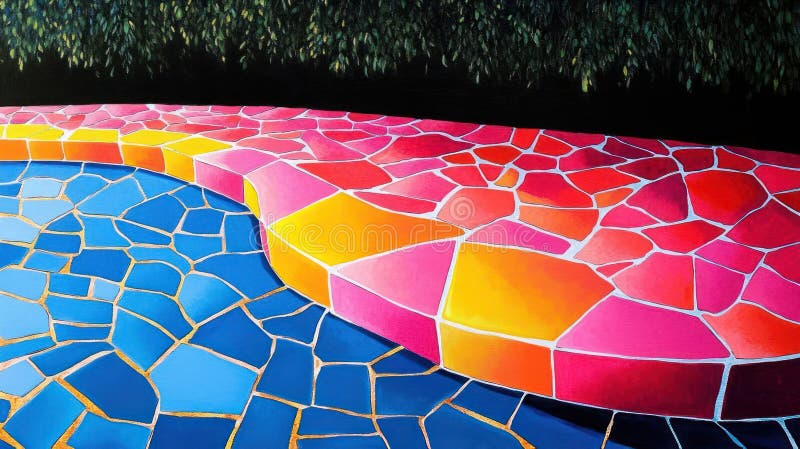 A Vibrant Mosaic Poolside with Colorful Patterns and a Dark Background ...