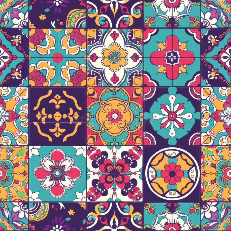Vibrant Mosaic of Traditional Tile Patterns and Floral Motifs Stock ...