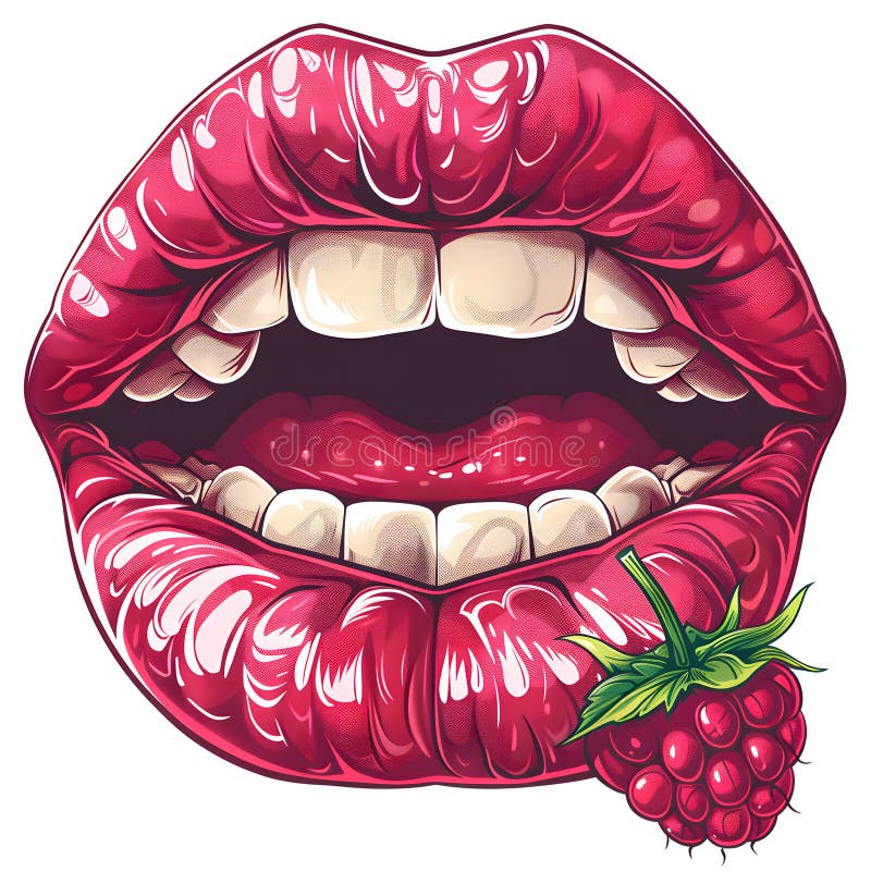 A Vibrant Mouth Playfully Holds a Single Raspberry between the Teeth ...
