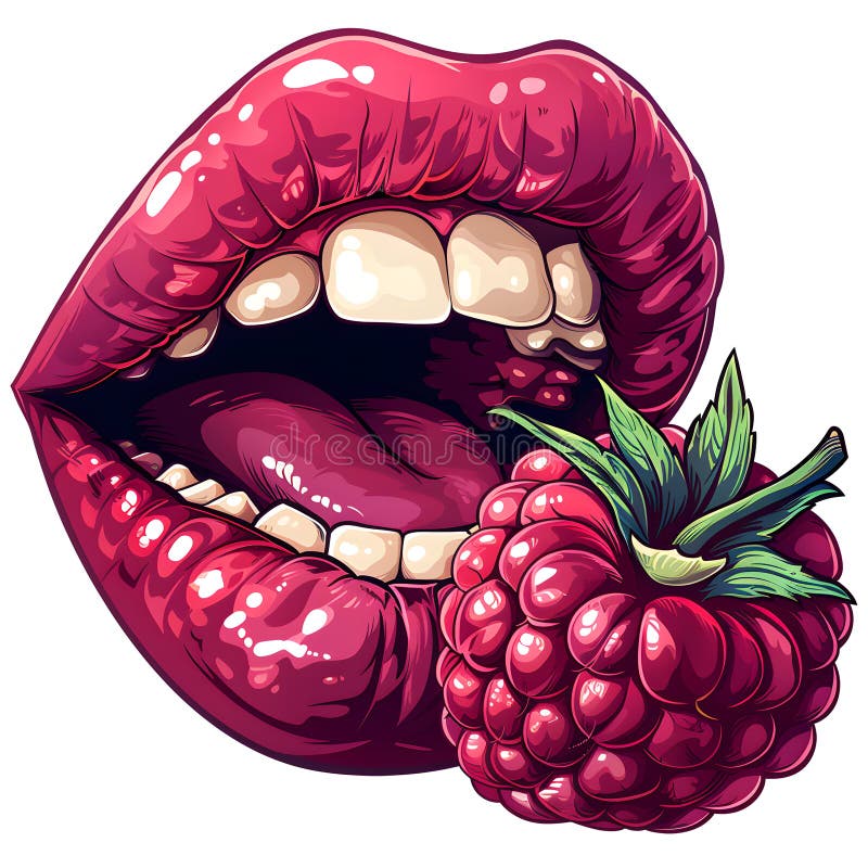 A Vibrant Mouth Playfully Holds a Single Raspberry between the Teeth ...
