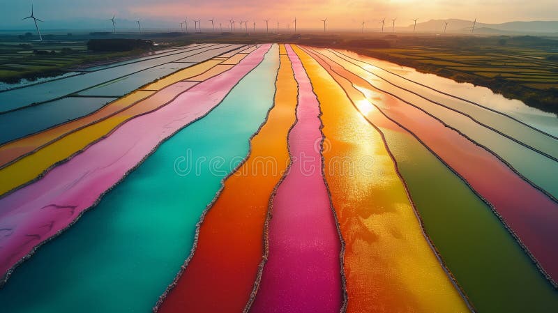 Vibrant Multi-Colored Fields Reflecting Sunset Over Water in Rural ...