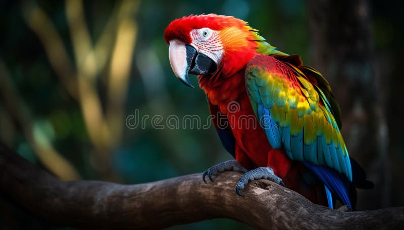 A Vibrant, Multi Colored Macaw Perches on a Branch in Nature Generated ...