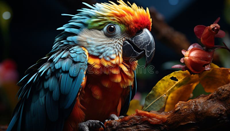 A Vibrant, Multi Colored Macaw Perching on a Branch in Nature Generated ...
