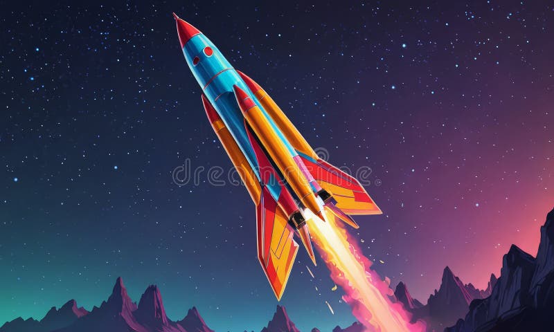 Vibrant, Multi-colored Rocket Soars through Starry Night Sky, Leaving ...