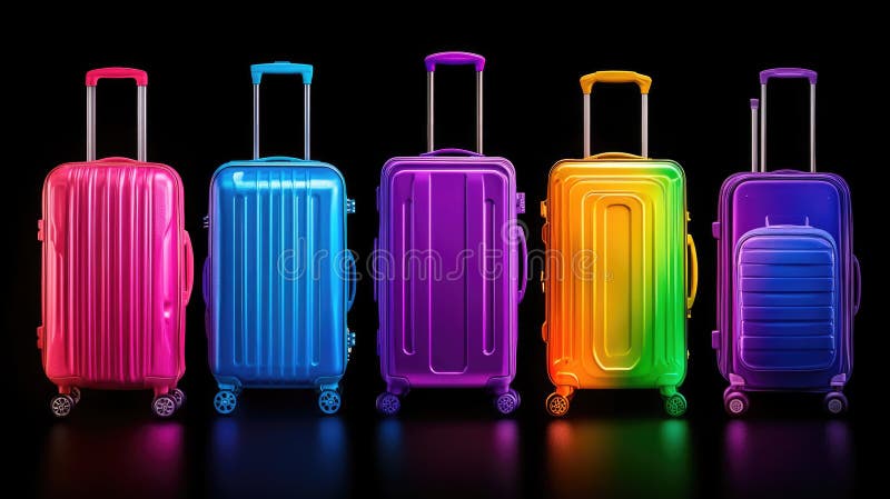 Vibrant Multi-colored Suitcases on Wheels Against a Black Background ...