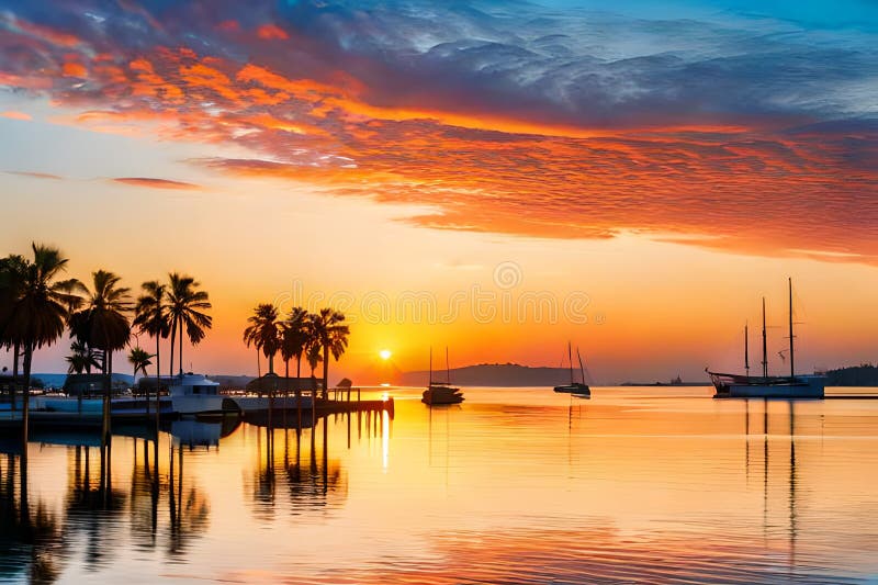 A Vibrant, Multi-colored Sunset Over a Tranquil Bay, with Boats at ...