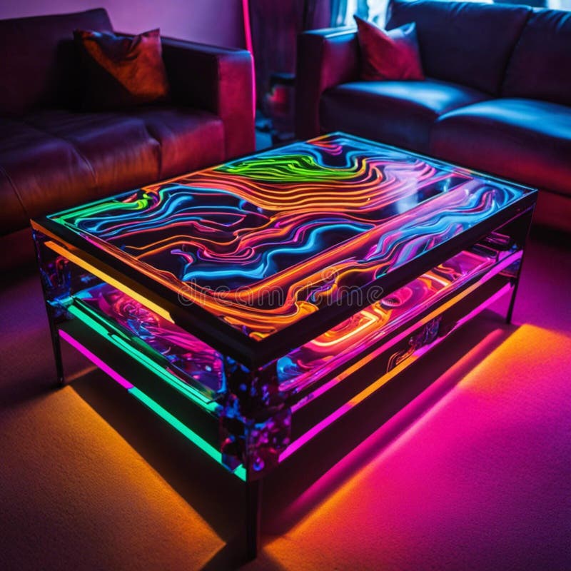 Vibrant Multi-colored Table Illuminated by Neon Lighting and Sofas, AI ...
