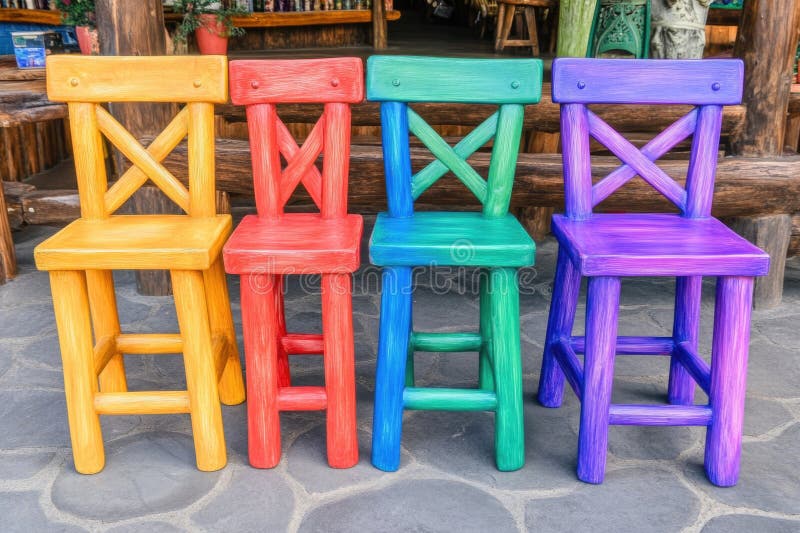 Vibrant Multi-colored Wooden Chairs in Outdoor Setting Stock Photo ...