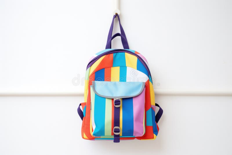 Vibrant Multicolor Kids Backpack, Hanging, White Backdrop Stock Image ...