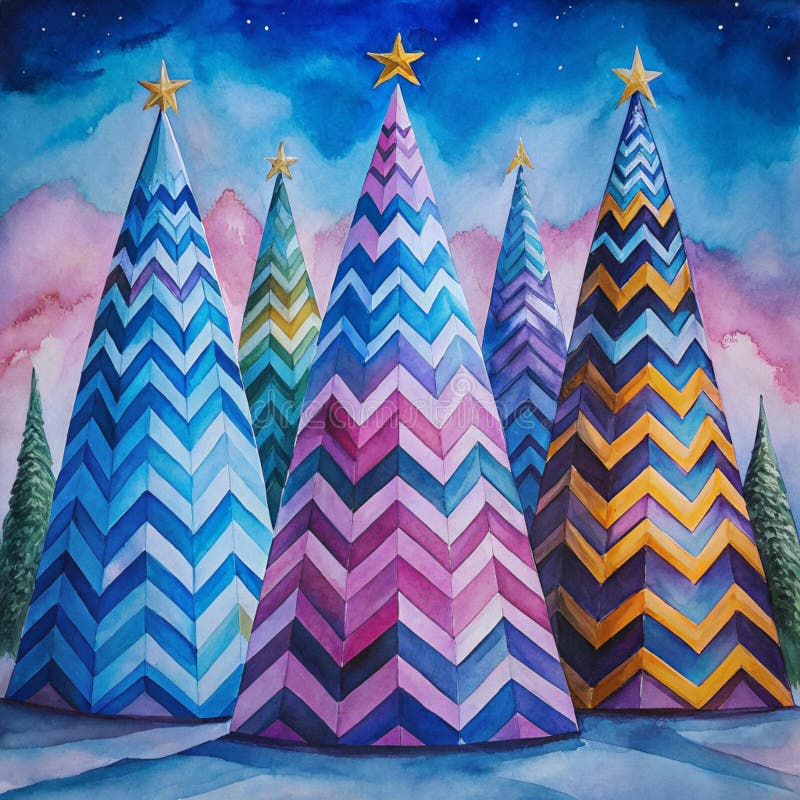 Vibrant Multicolored Christmas Trees Featuring Bold Zigzag Patterns and ...