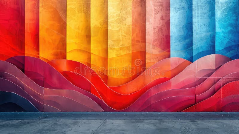 Vibrant Multicolored Curved Wall with Wave Pattern on Concrete Floor ...