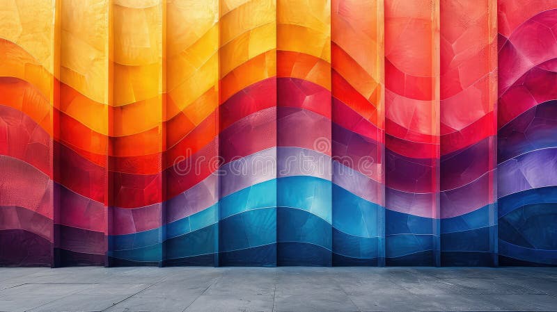 Vibrant Multicolored Curved Wall with Wave Pattern on Concrete Floor ...