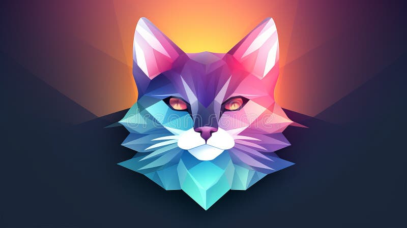 Vibrant Multicolored Polygonal Cat Face on Gradient Background, Captivating Geometric Cat Logo ...