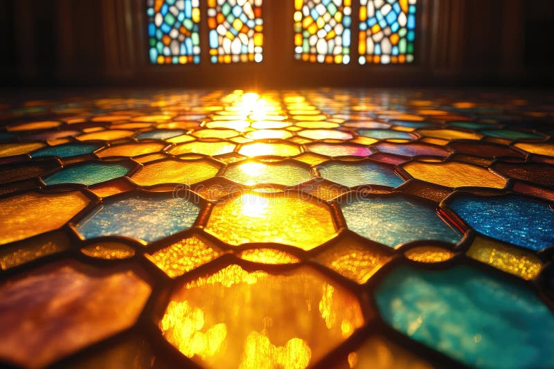 Hexagonal Stained Glass Window Illuminated by Sunlight, Abstract ...