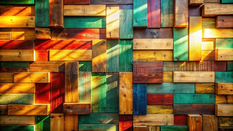 Vibrant Multicolored Wood Plank Wall Texture with Sunlight Shadows ...