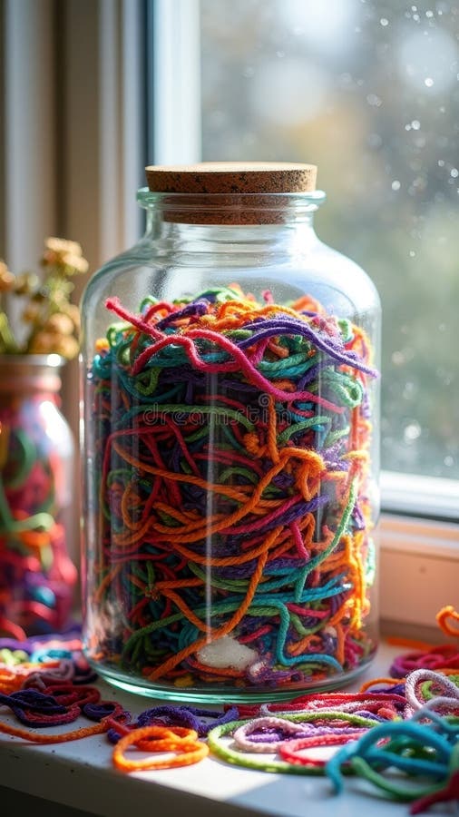 Vibrant Multicolored Yarn in Glass Jar by Sunlit Window Stock Image ...