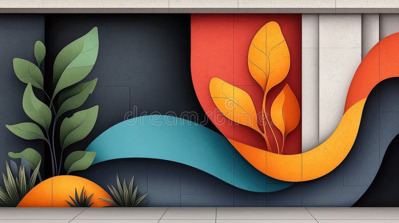 Vibrant Mural with Abstract Shapes and Leaves Stock Illustration ...