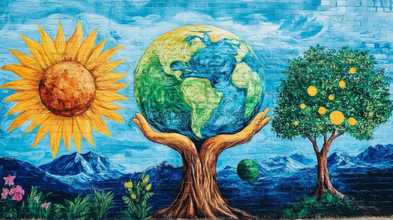 Vibrant Mural Depicting Environmental Themes with Sun, Earth, and Tree ...