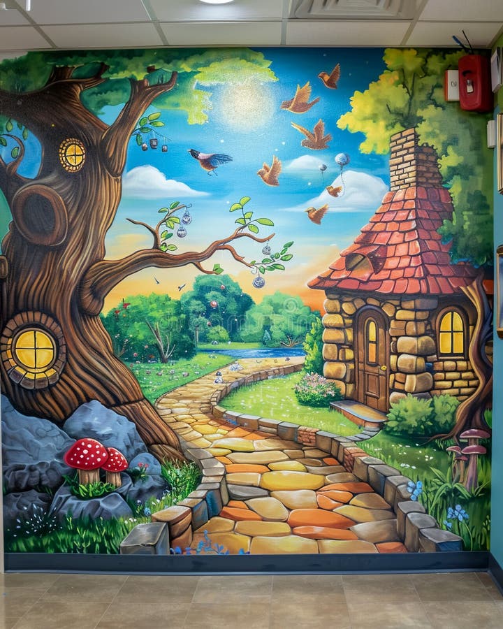 Vibrant Mural Depicting Whimsical Landscape with Tree, Cottage, and ...