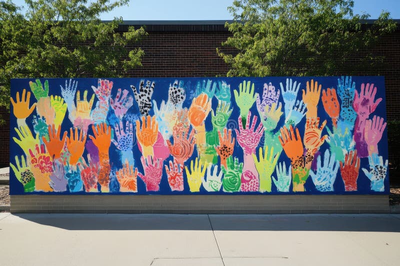 A Vibrant Mural Featuring Colorful Handprints, Symbolizing Unity and ...