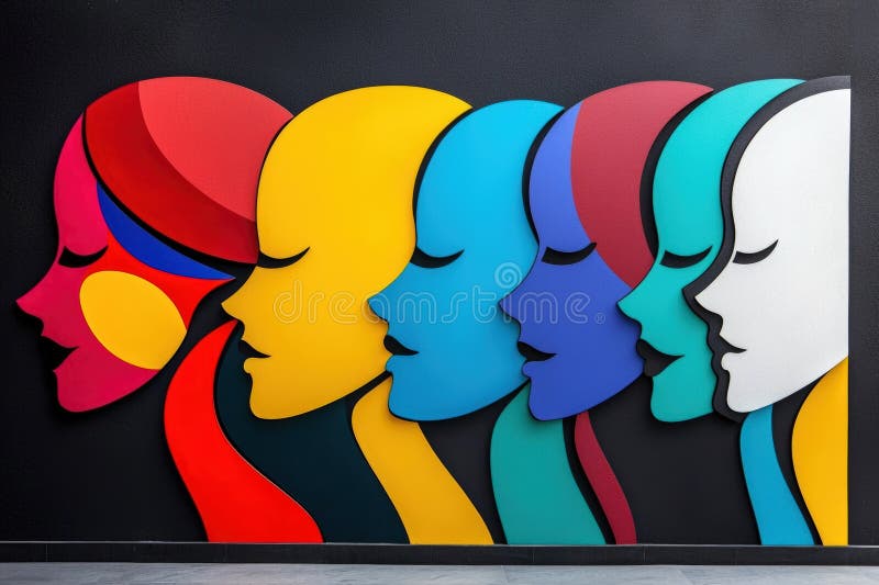 Vibrant Mural Featuring Colorful Silhouettes of Faces Embodying ...