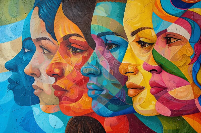 A Vibrant Mural Featuring a Diverse Group of People in Profile, Each ...