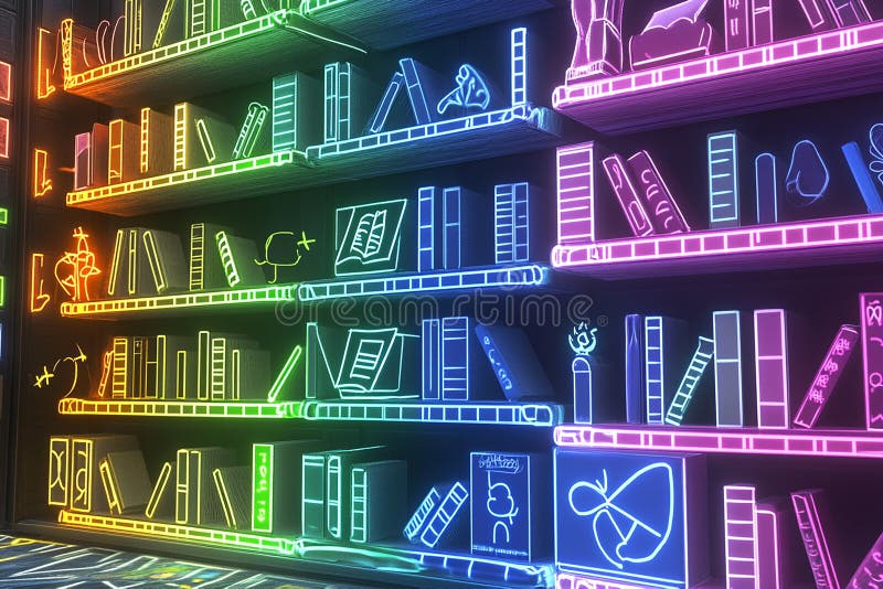A Vibrant Library Wall with Glowing Educational Tools and Inspiring ...