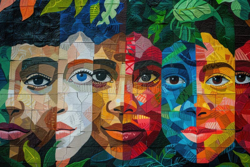 Vibrant Mural Featuring Multifaceted Faces in Diverse Colors and ...