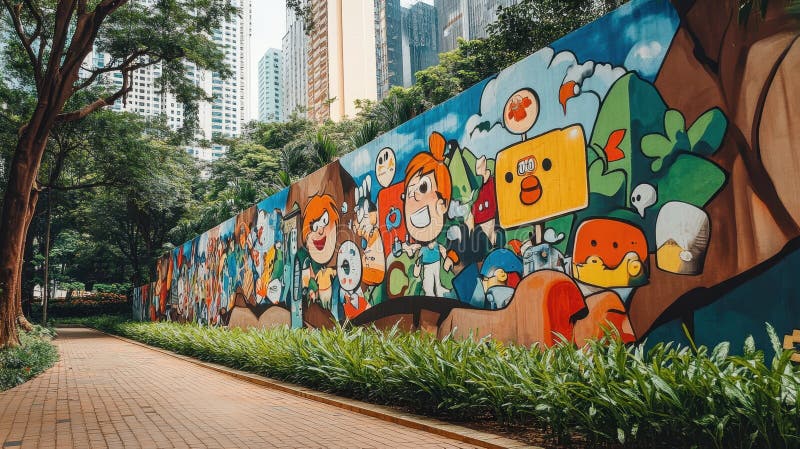 A Vibrant Mural Featuring Playful Cartoon Characters in a Lush Urban ...