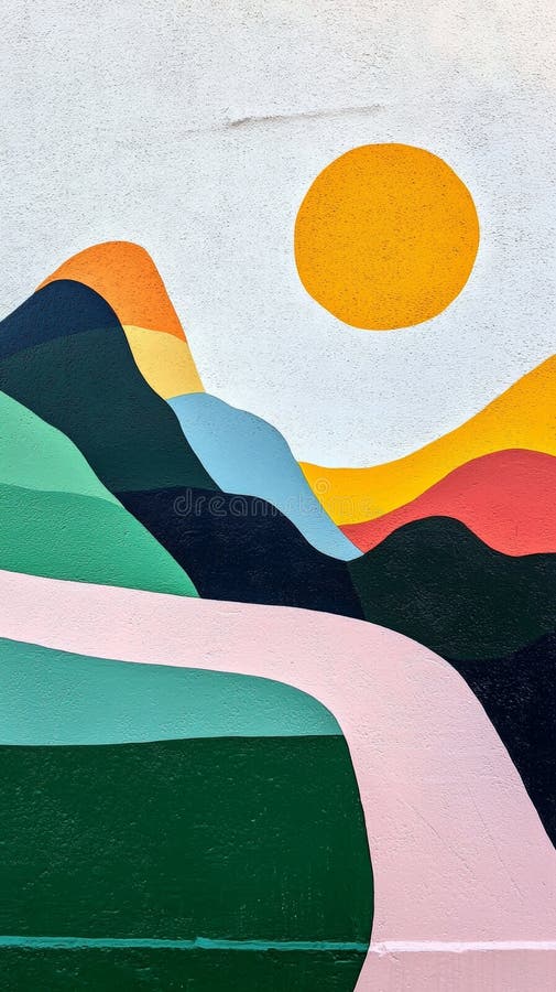 Vibrant Mural Featuring a Stylized Mountain Range Under a Large Sun ...