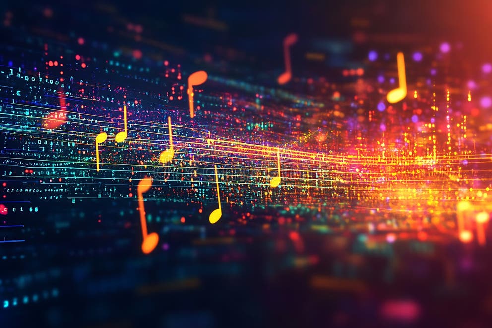 Vibrant Music Notes Float Across a Digital Matrix of Light and Data ...