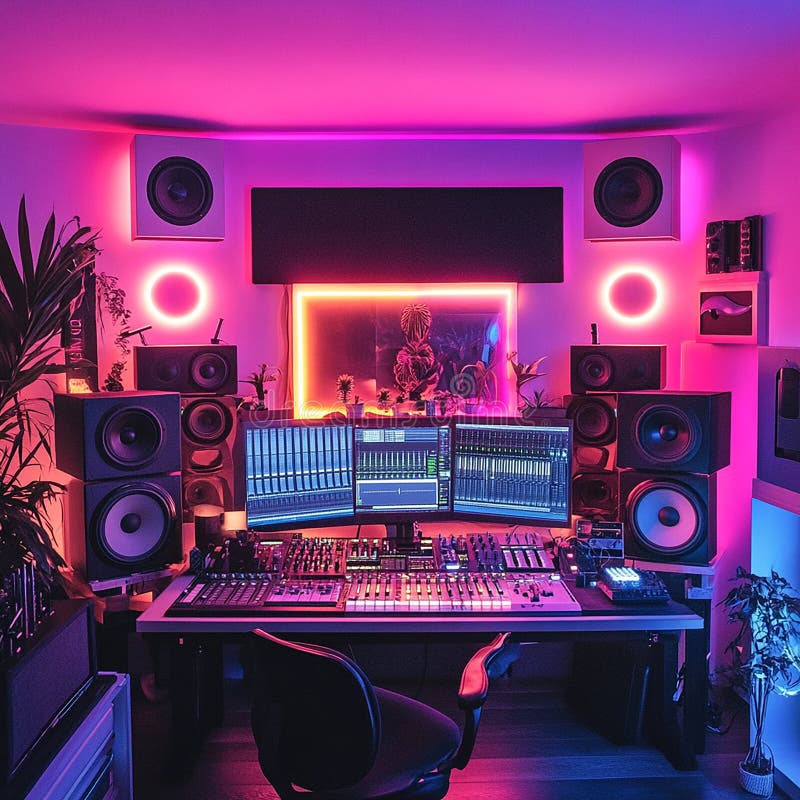 Creative Music Production Setup with Colorful Lighting and Modern ...