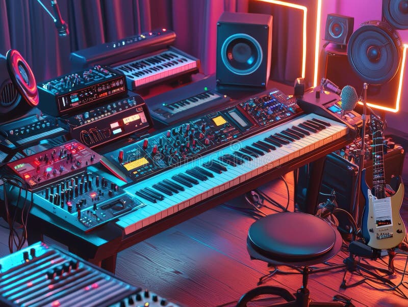 Vibrant Music Studio Setup Featuring Synthesizers Keyboards and Guitars ...