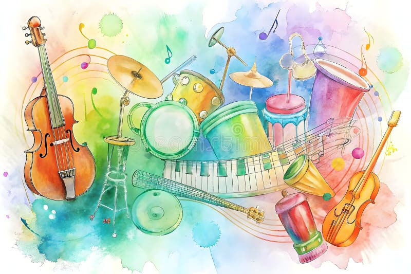 Vibrant Musical Instruments Artwork Colorful Drums Guitars Violins ...
