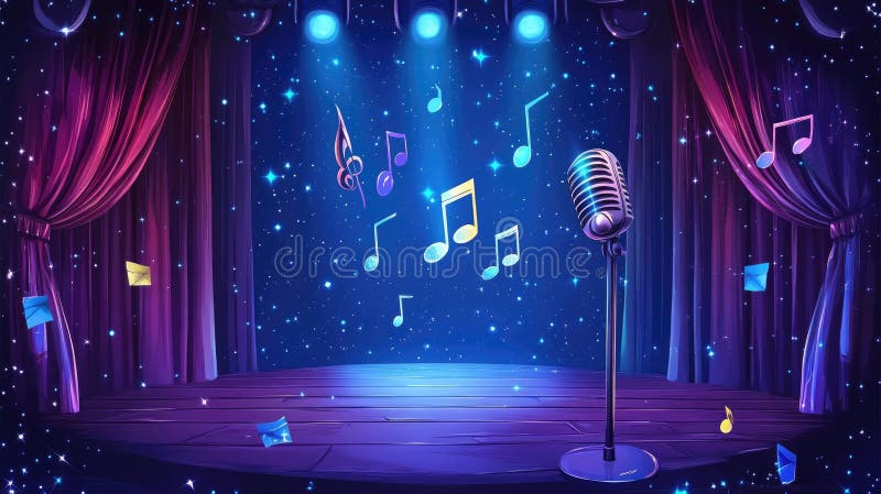 Vibrant Musical Stage with Microphone and Colorful Notes Under ...