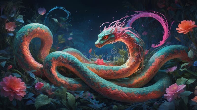 A Vibrant Mystical Serpent with a Pink Crest in a Lush Garden Stock ...