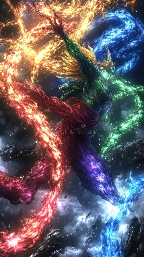 A Vibrant, Mythical Creature Composed of Elemental Colors Swirling in a ...